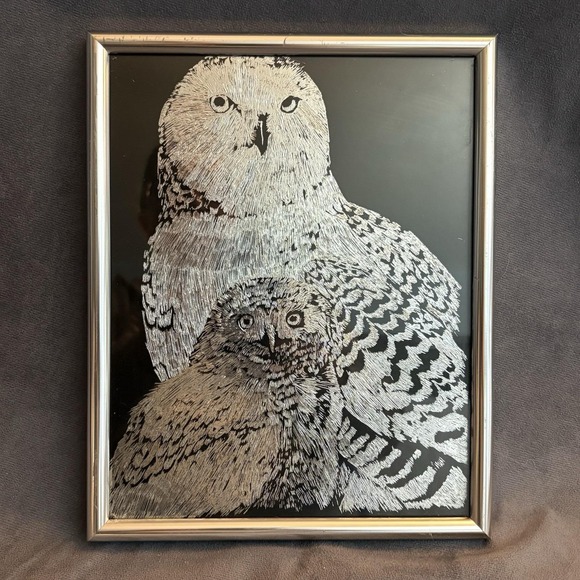 Art | Vintage Silver Foil Scratch Art Owls 1x8 Framed Metallic Engraved ...